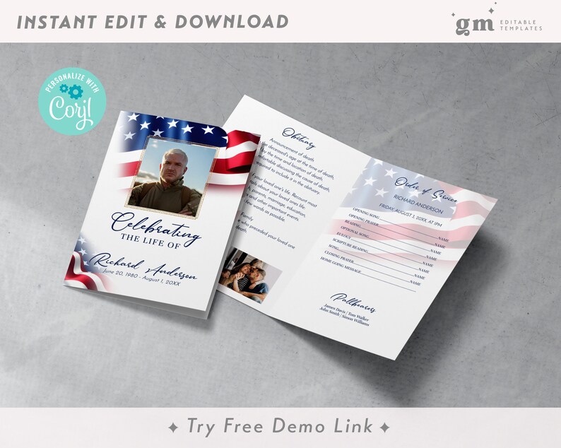 Veteran 4 Page Funeral Program With Flag, Editable Military Obituary ...