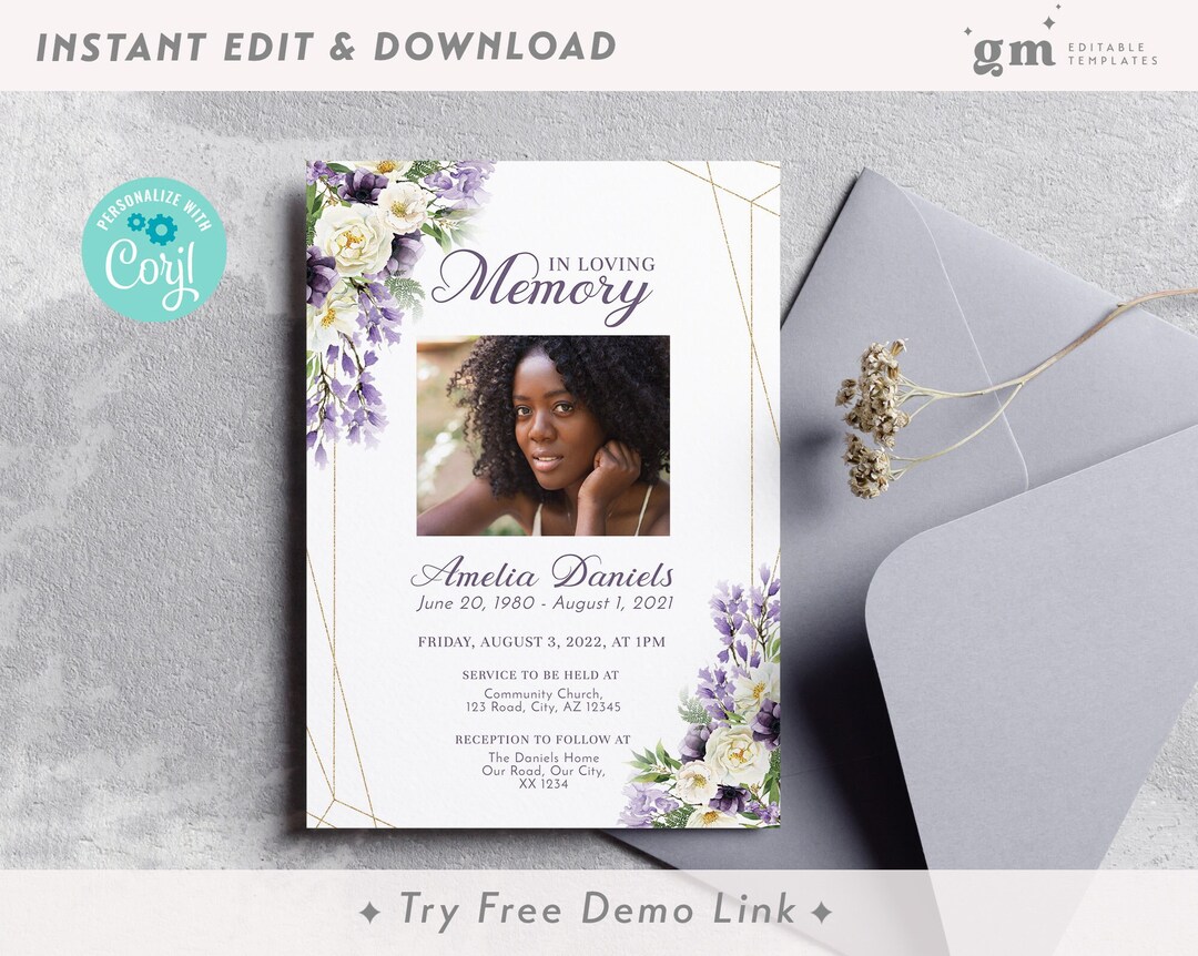 Memorial Invitation Card, Editable Funeral Announcement TEMPLATE ...