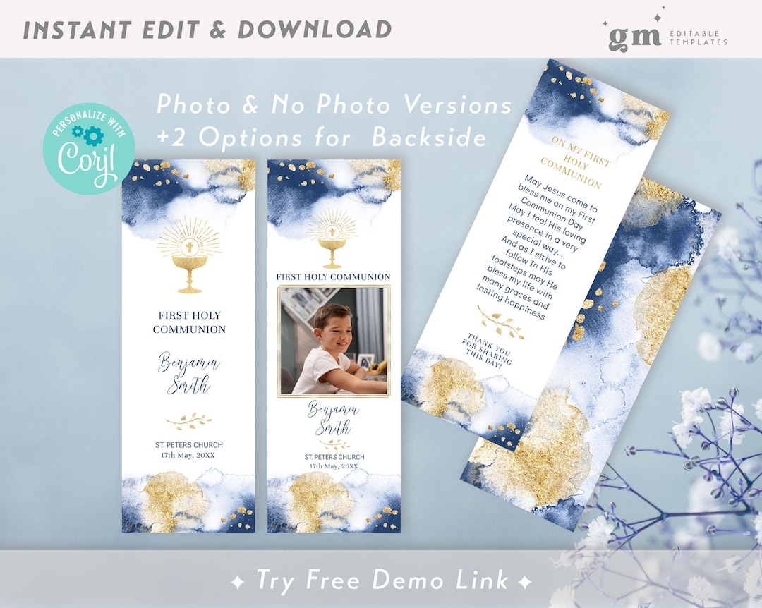 1st Communion Bookmark With Chalice, Navy & Gold, EDITABLE Boy Prayer ...