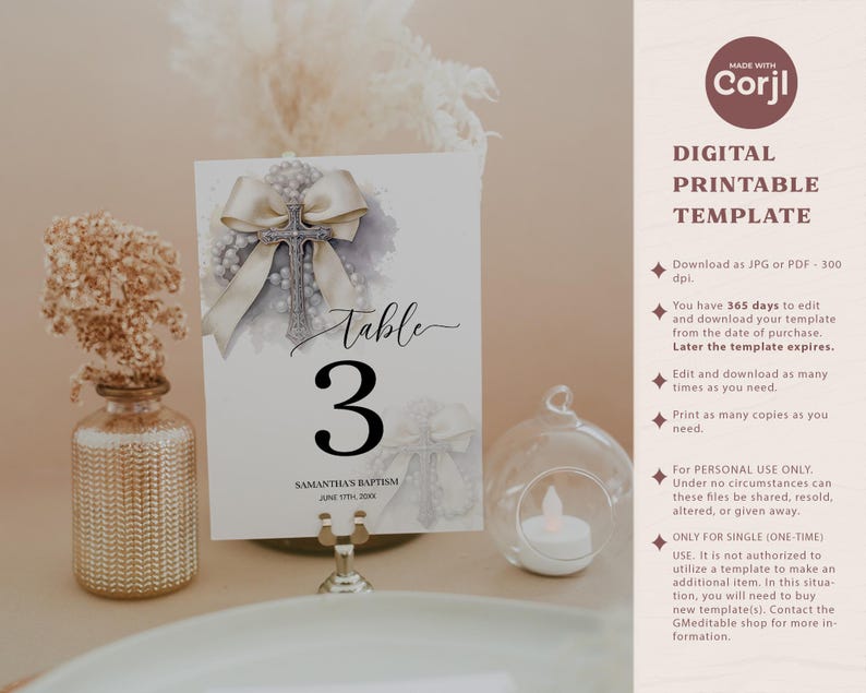 Beige Bow Table Number Sign, EDITABLE Gender Neutral Baptism Table ...