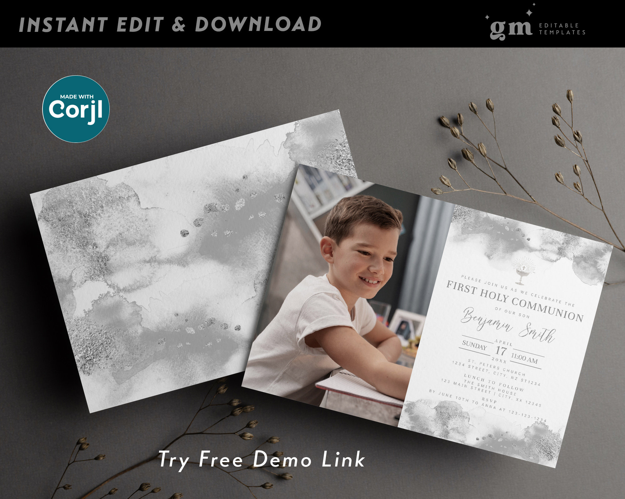 Grey Communion Photo Invitation, Editable Printable First Holy ...