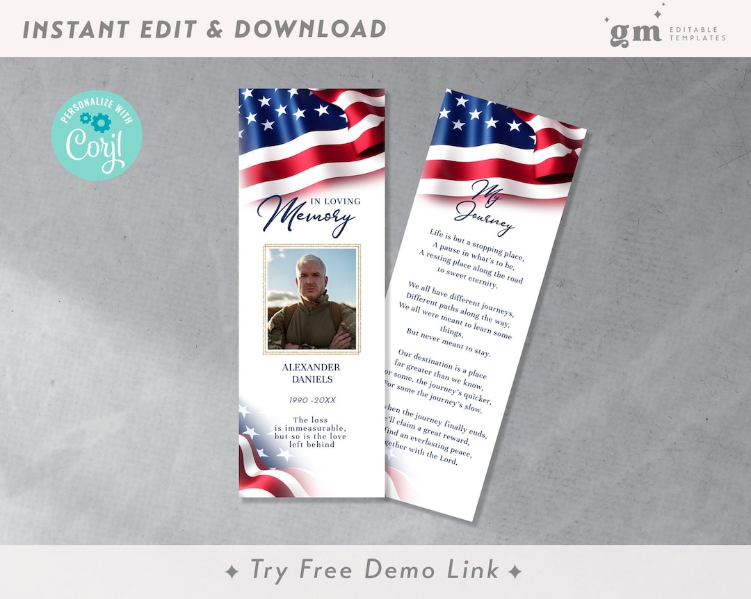 Veteran Funeral Bookmark, Editable Military Memorial Bookmark TEMPLATE ...