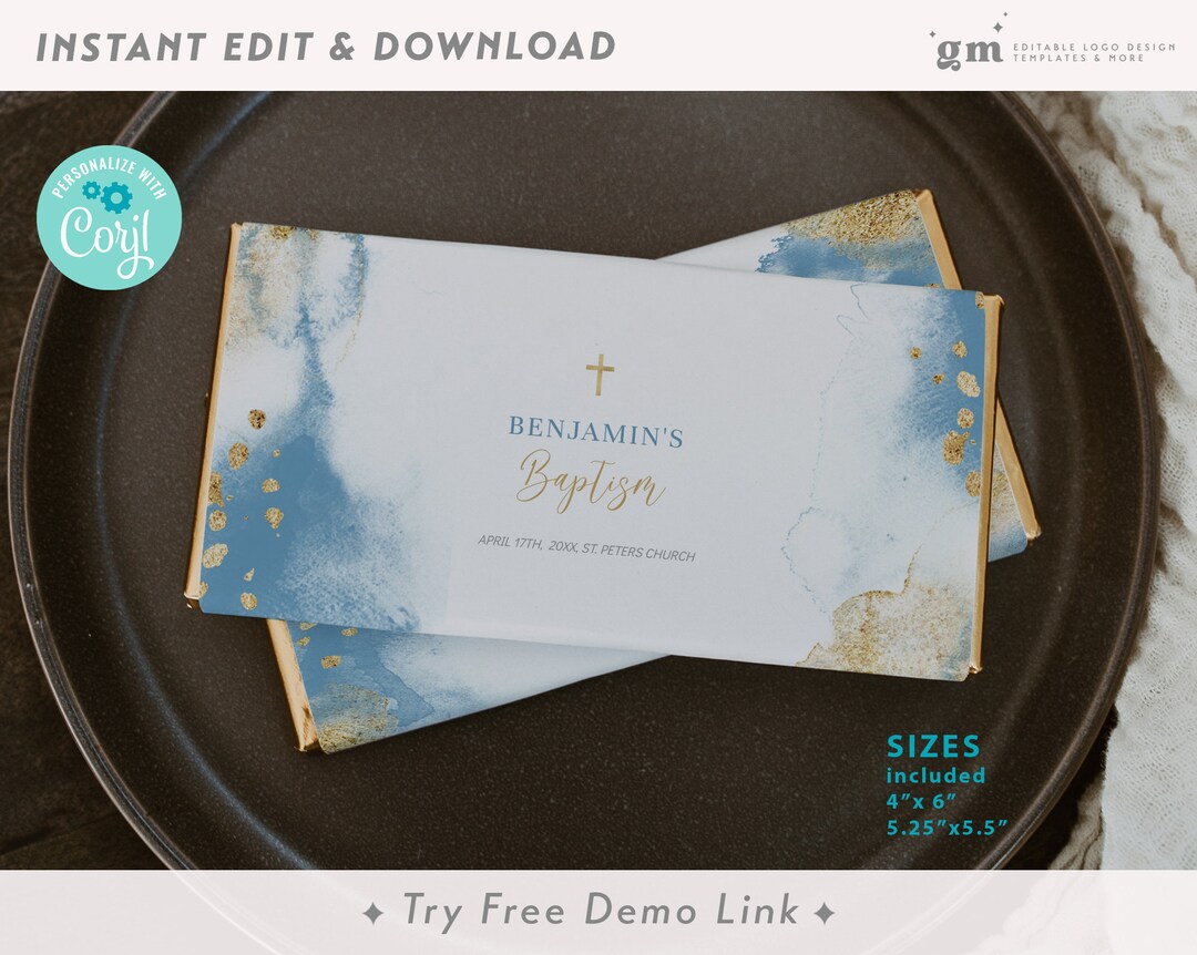 Light Blue & Gold Chocolate Wrapper Template, Editable Boy Baptism ...