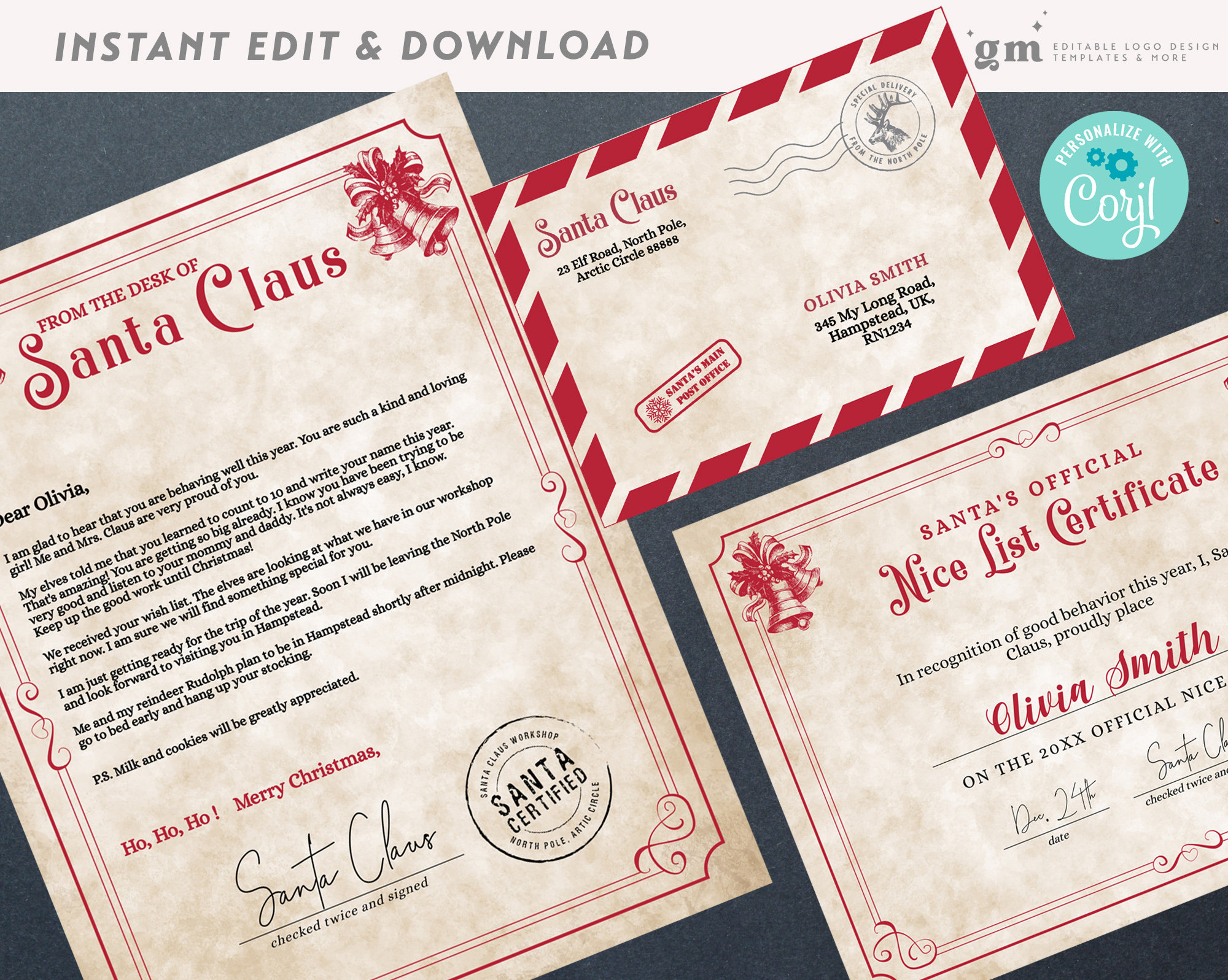 Printable Santa Letter Kit Editable Nice List Certificate C6 - Etsy