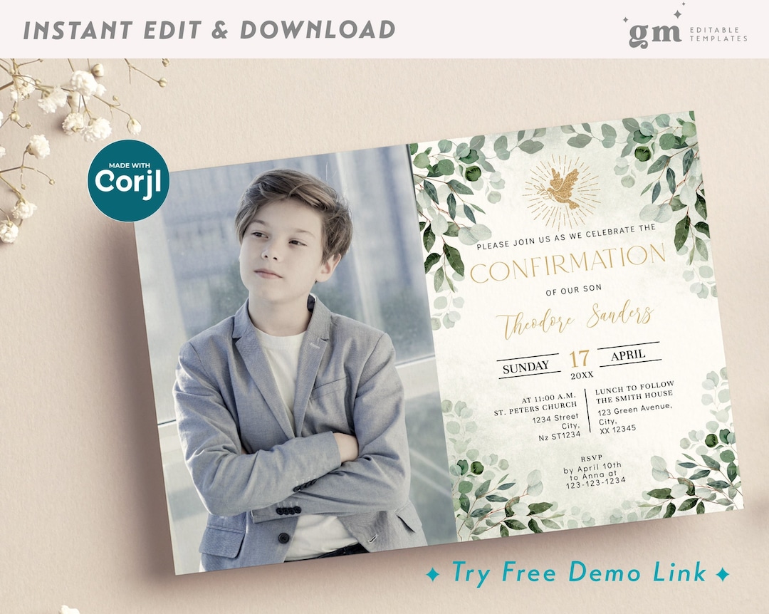Boy Confirmation Picture Invitation, Greenery, EDITABLE Girl ...