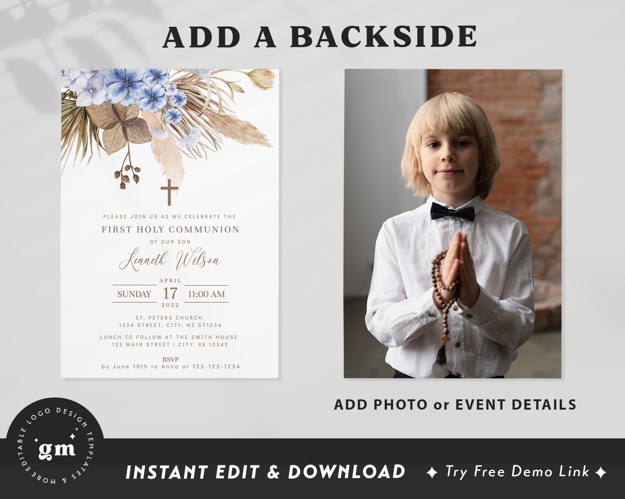 Pampas Grass Communion Photo Invitation, Boho Editable First Holy ...