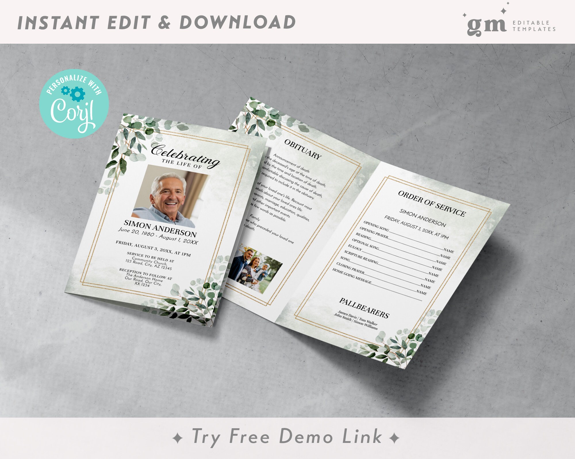 4 Page Funeral Program, Greenery, Editable Green Leaves Obituary ...