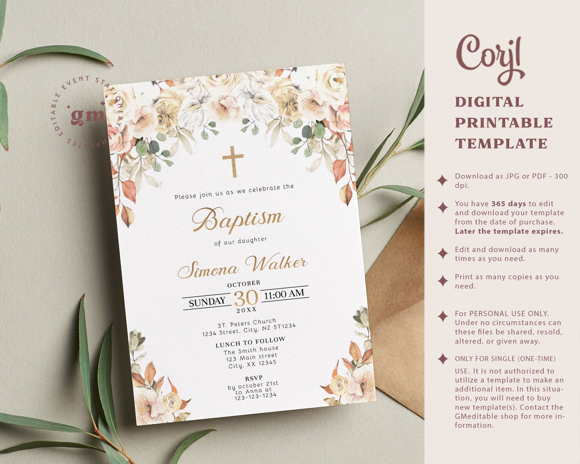 Fall Baptism Invite With Autumn Leaves & Flowers, EDITABLE Christening ...