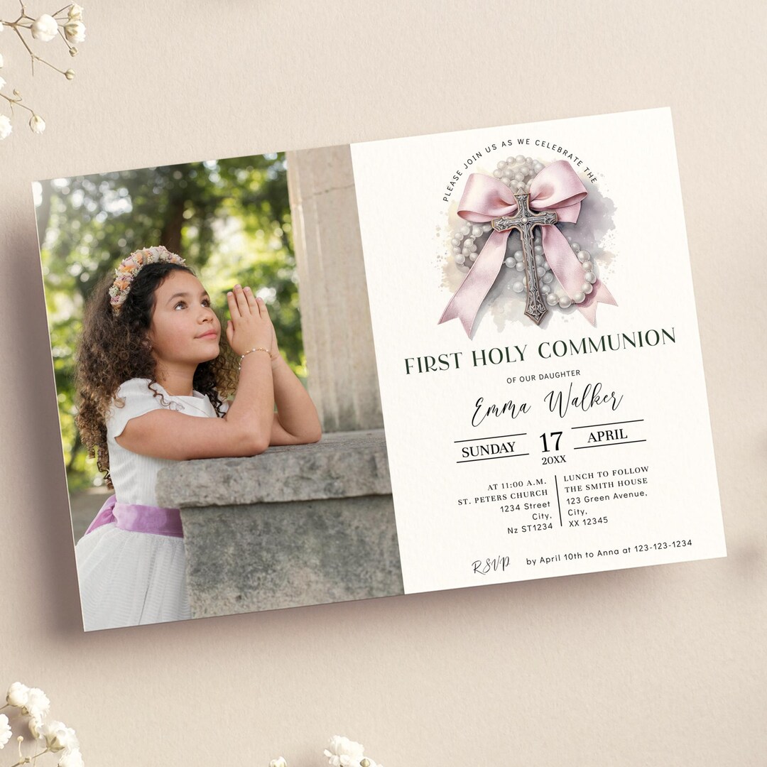 Girl 1st Communion Picture Invitation, Pink Bow & Rosary, EDITABLE ...