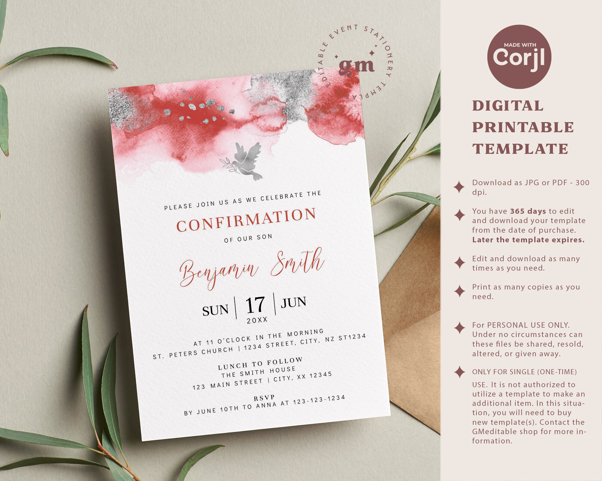 Red Confirmation Invite With Dove, Boy Watercolor Invite Template ...