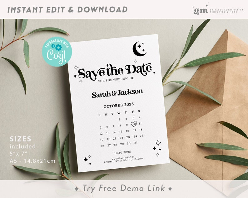 Retro Star Save the Date Card With Photo, Black, EDITABLE 70s Wedding ...