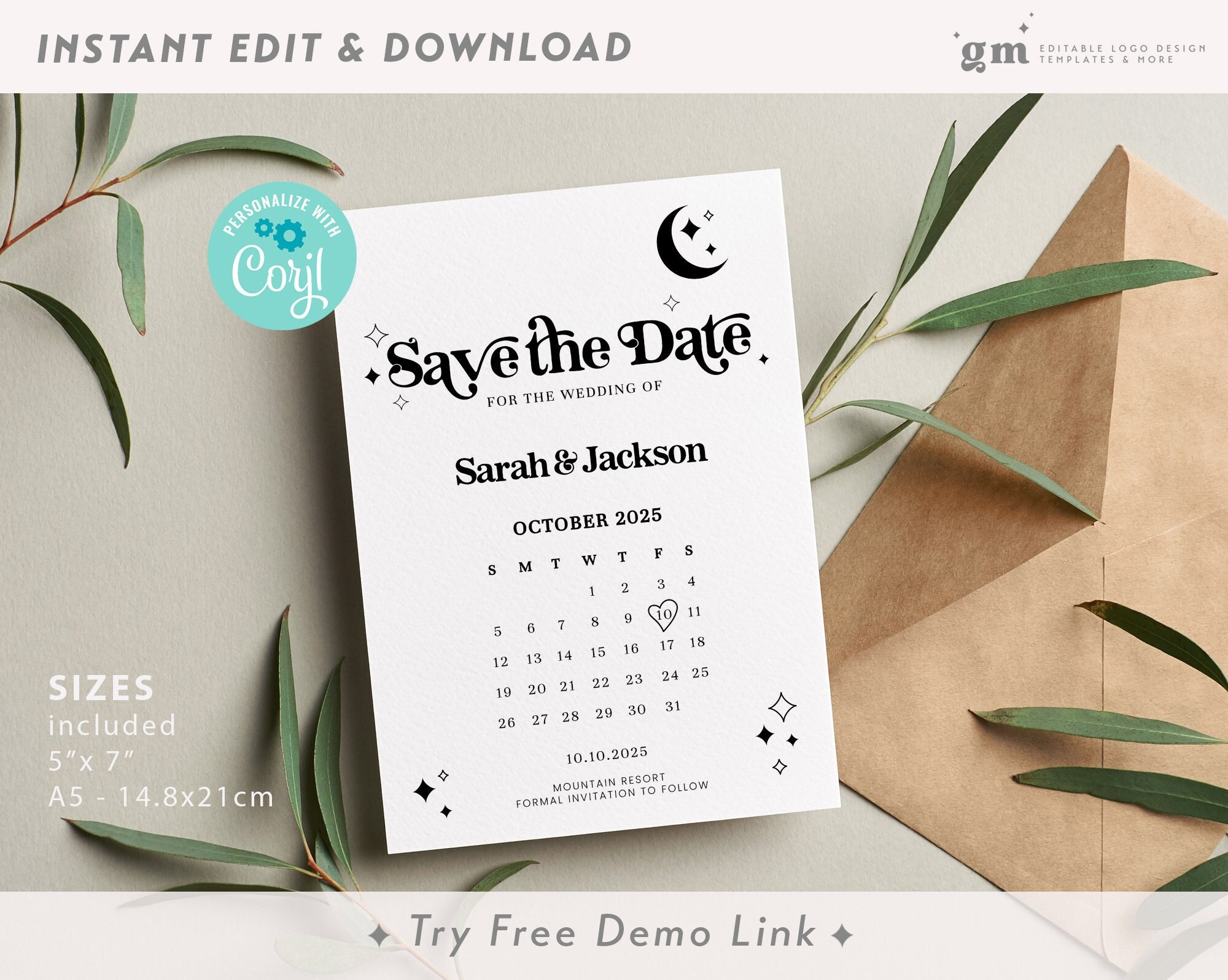 Retro Star Save the Date Card With Photo, Black, EDITABLE 70s Wedding ...