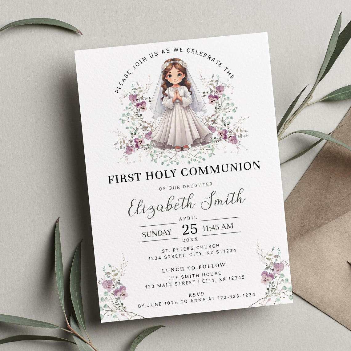 Brunette Girl 1st Communion Invitation, EDITABLE Female First Holy ...