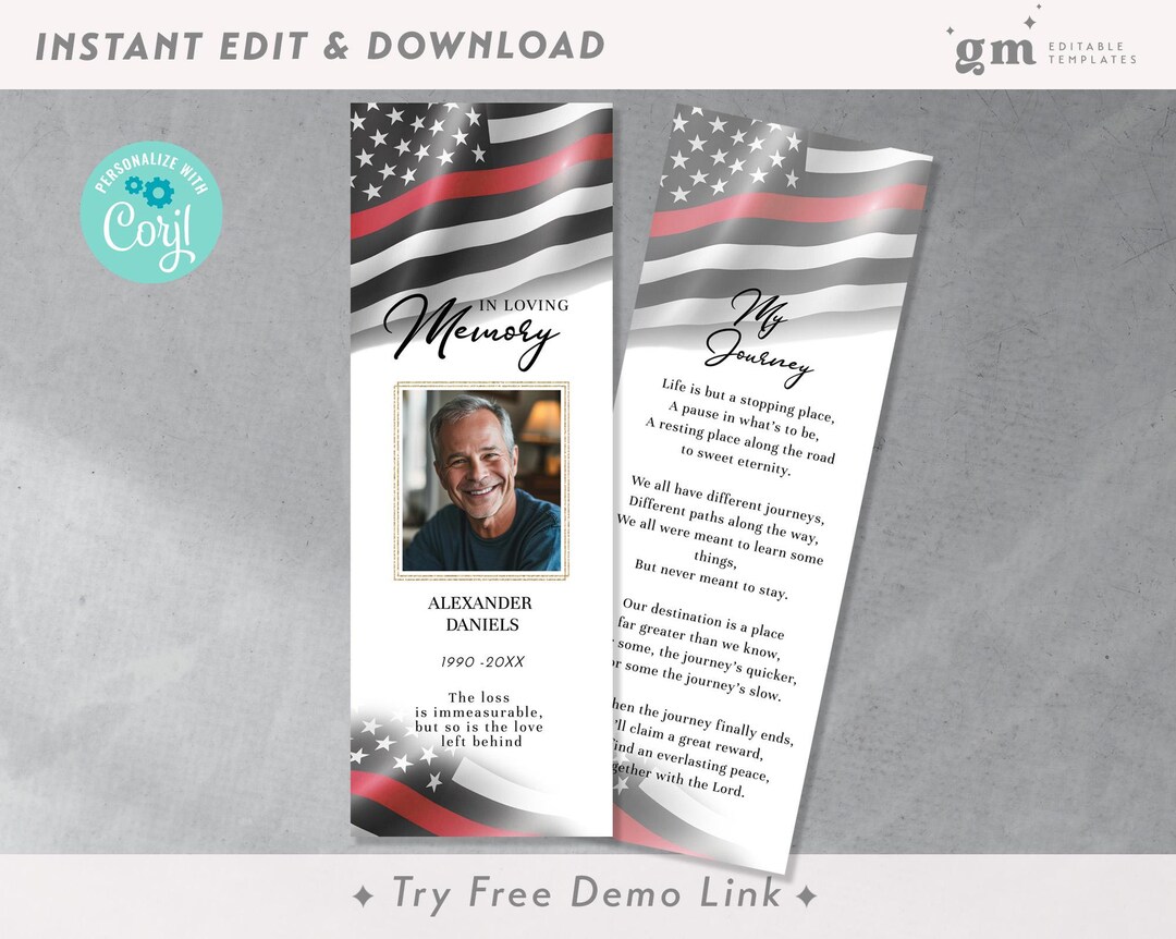 Firefighter Funeral Bookmark, Editable Fireman Memorial Bookmark ...