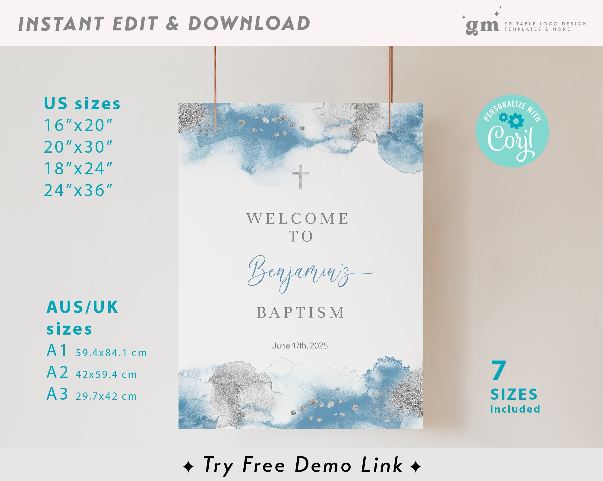 Boy Baptism Welcome Sign, Silver & Blue, EDITABLE Christening Poster ...