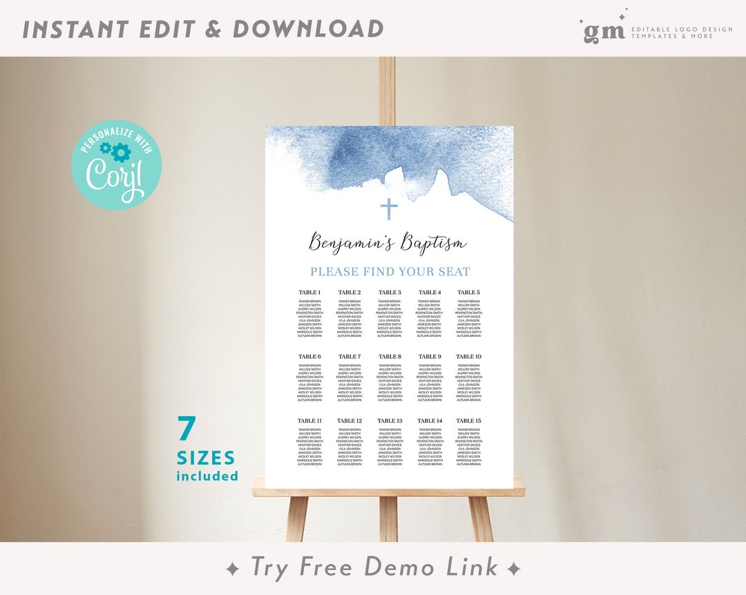 Boy Baptism Table DIY Seating Chart, EDITABLE Find Your Seat Sign ...