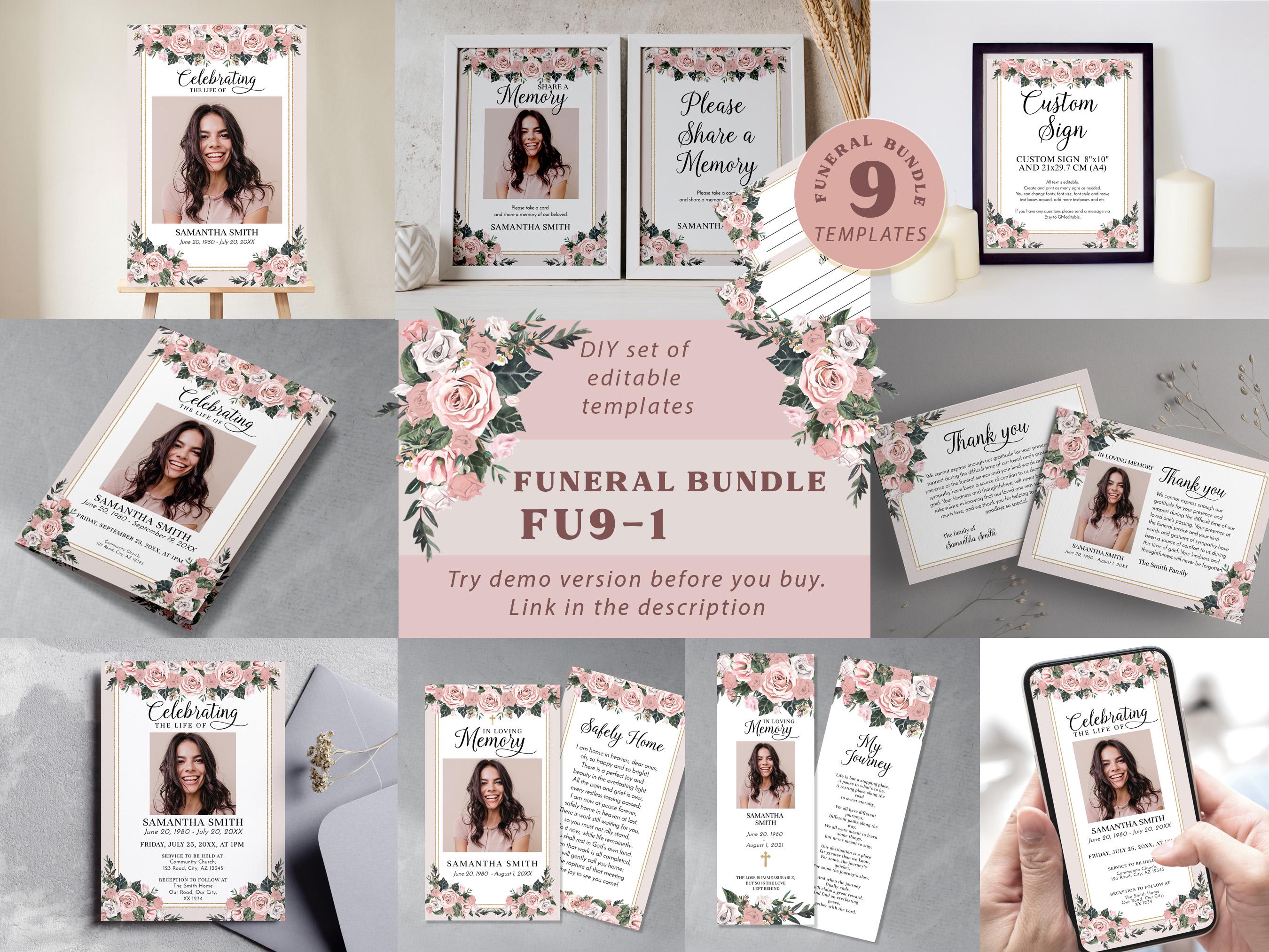 Pink Rose Funeral Template Package, Editable Floral Woman Celebration ...