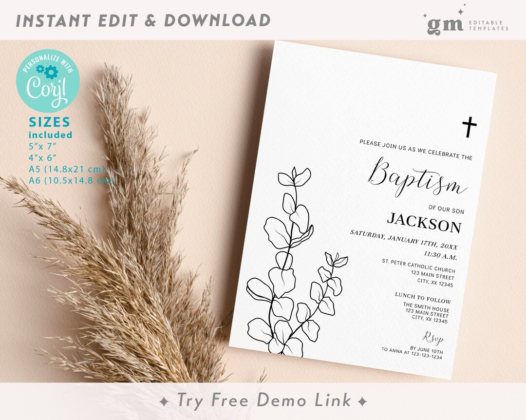 Simple Baptism Invitation Template, Greenery, EDITABLE Neutral Boy Girl ...