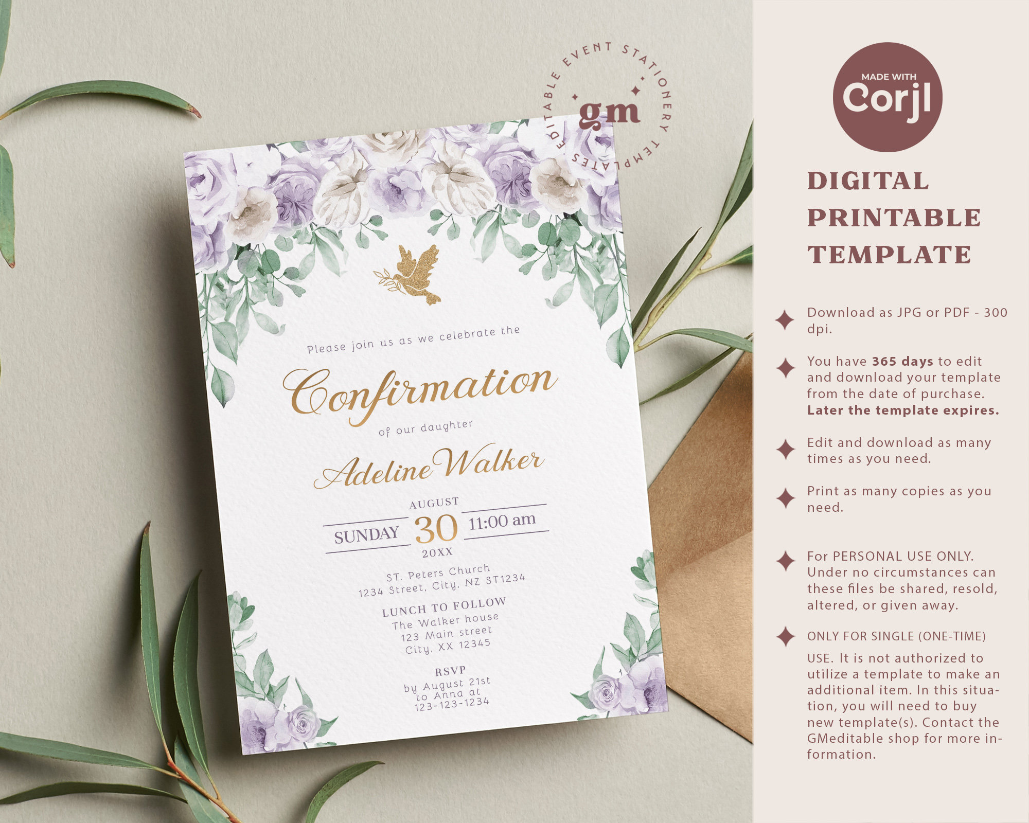 Purple Girl Confirmation Invitation, Floral & Greenery, EDITABLE ...