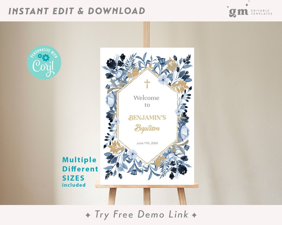 Blue Floral Boy Communion Welcome Sign, EDITABLE Baptism Poster ...
