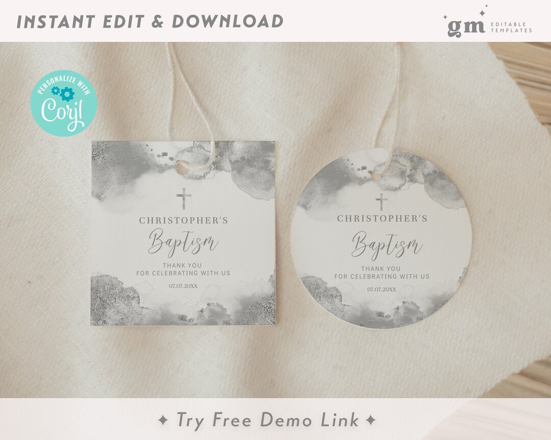 EDITABLE Baptism Thank You Tag, Circle & Square, Communion Favor ...