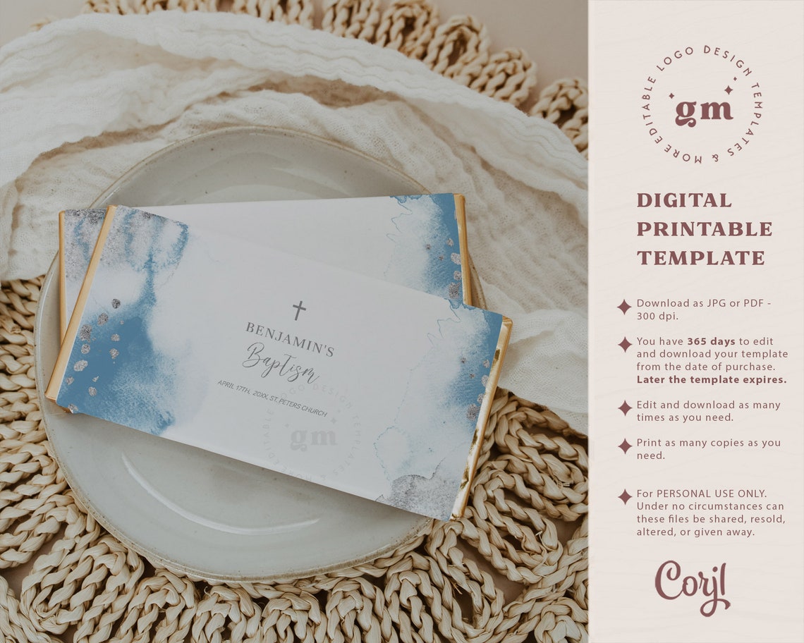 Light Blue & Silver Chocolate Wrapper Template, Editable Boy Baptism ...
