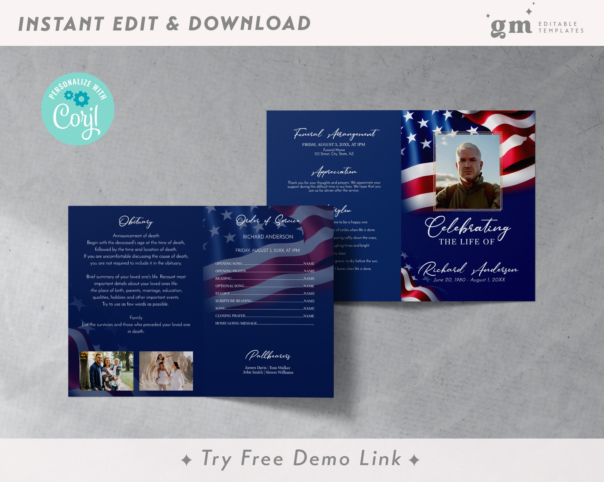 Veteran 4 Page Funeral Program, Editable Military Obituary TEMPLATE ...