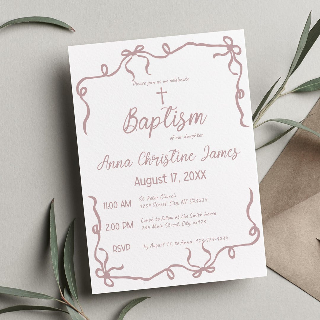 Girl Baptism Invite With Wavy Bow Border, Editable Christening ...