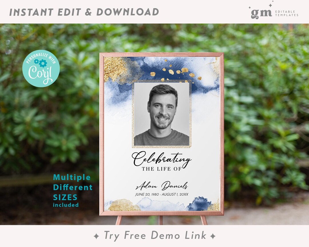 Navy & Gold Memorial Poster With Photo, Editable Watercolor Funeral ...