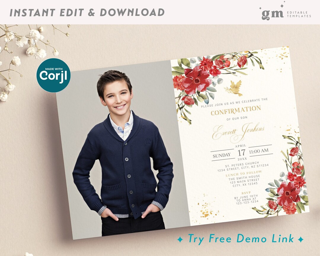Red Floral Boy Confirmation Photo Invite Card, Editable Girl ...