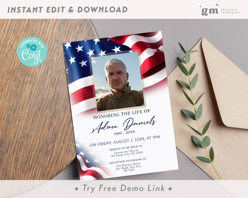 Military Funeral Announcement TEMPLATE, Editable Veteran Memorial ...
