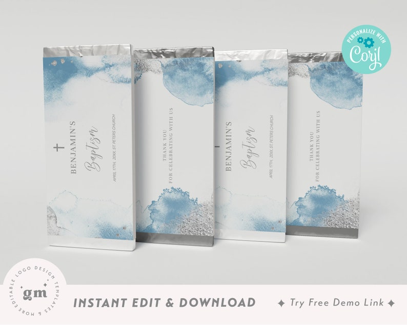 Light Blue & Silver Chocolate Wrapper Template, Editable Boy Baptism ...