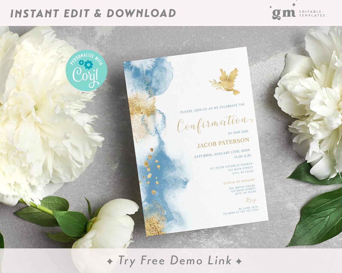 Watercolor Boy Confirmation Invite, Dove Invite Template, EDITABLE Male ...