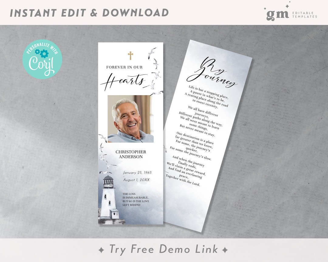 Sea & Birds Funeral Bookmark, Editable Sailor Memorial Bookmark ...