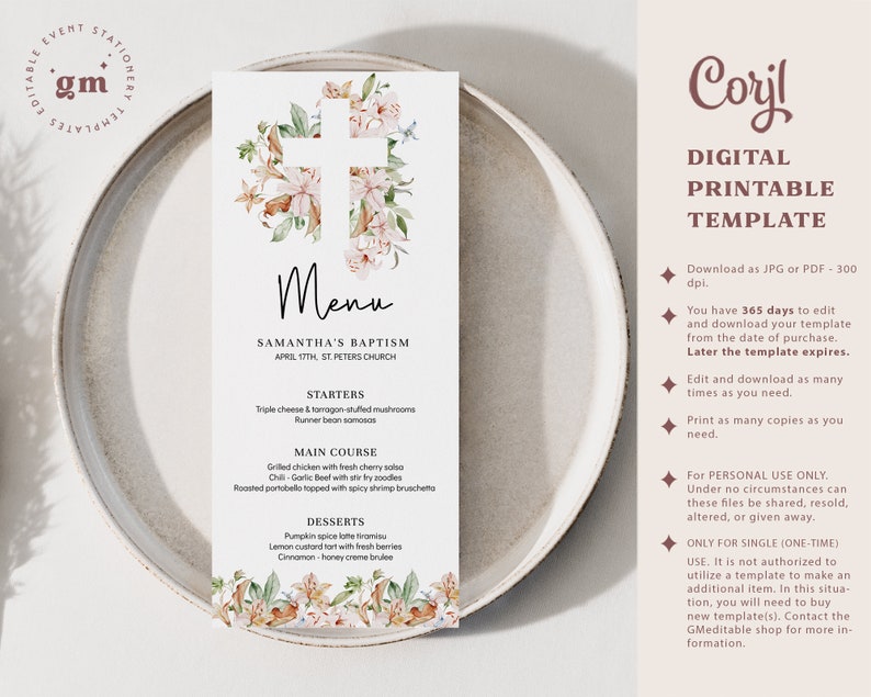 Blush Floral Cross Baptism Lunch Menu, EDITABLE Girl Communion Menu ...