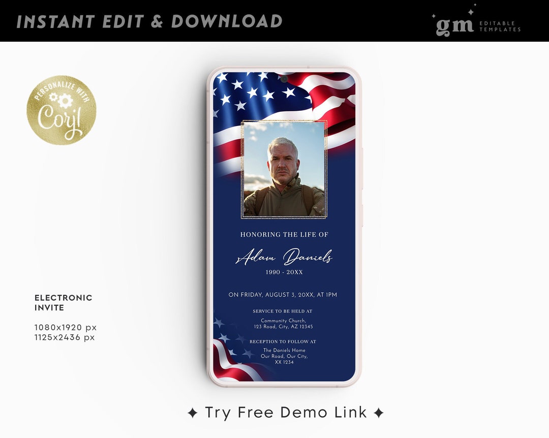 Military Funeral Evite, American Flag, Editable Veteran Memorial ...