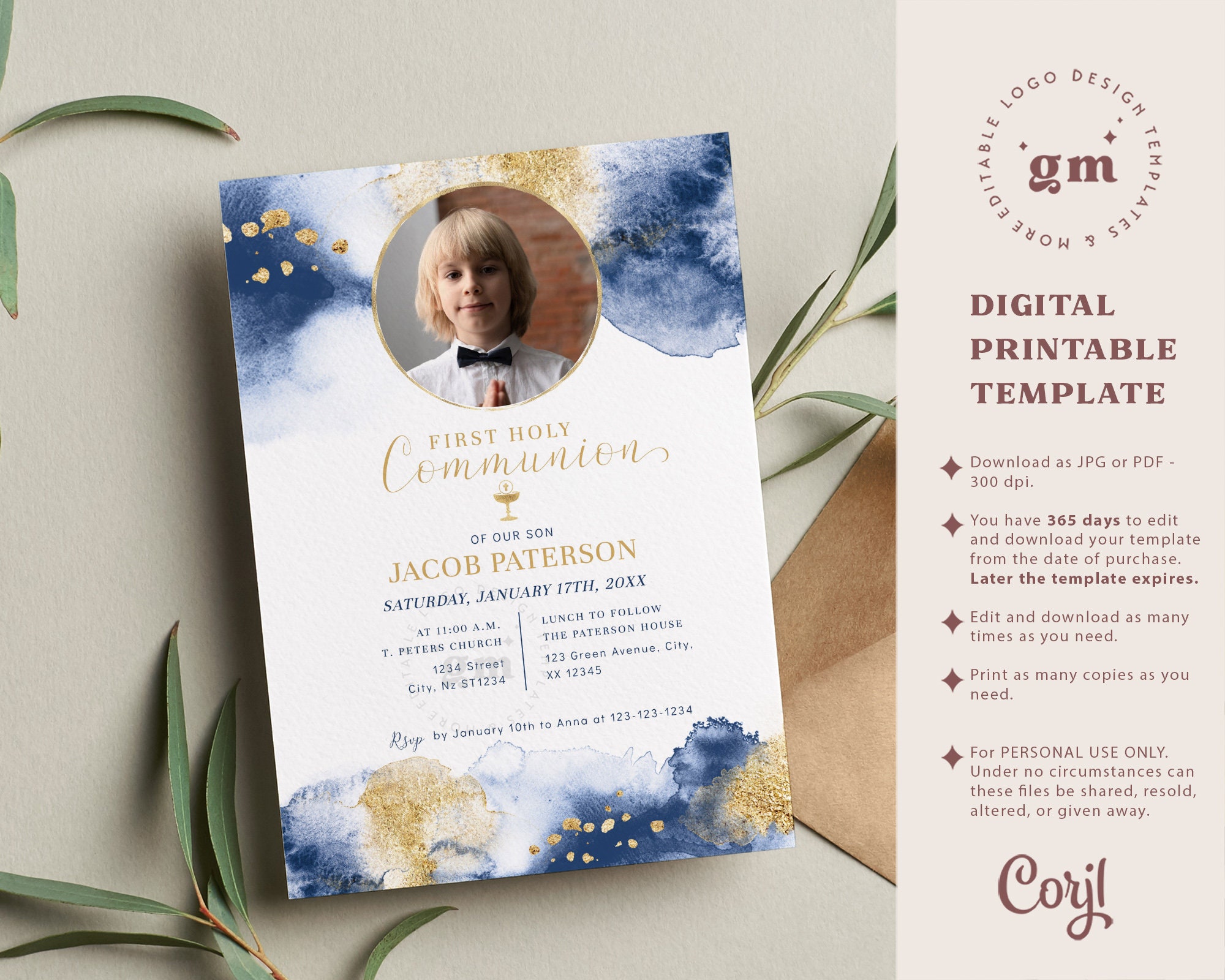 Boy First Holy Communion Invitation Card, EDITABLE 1st Communion Invite ...