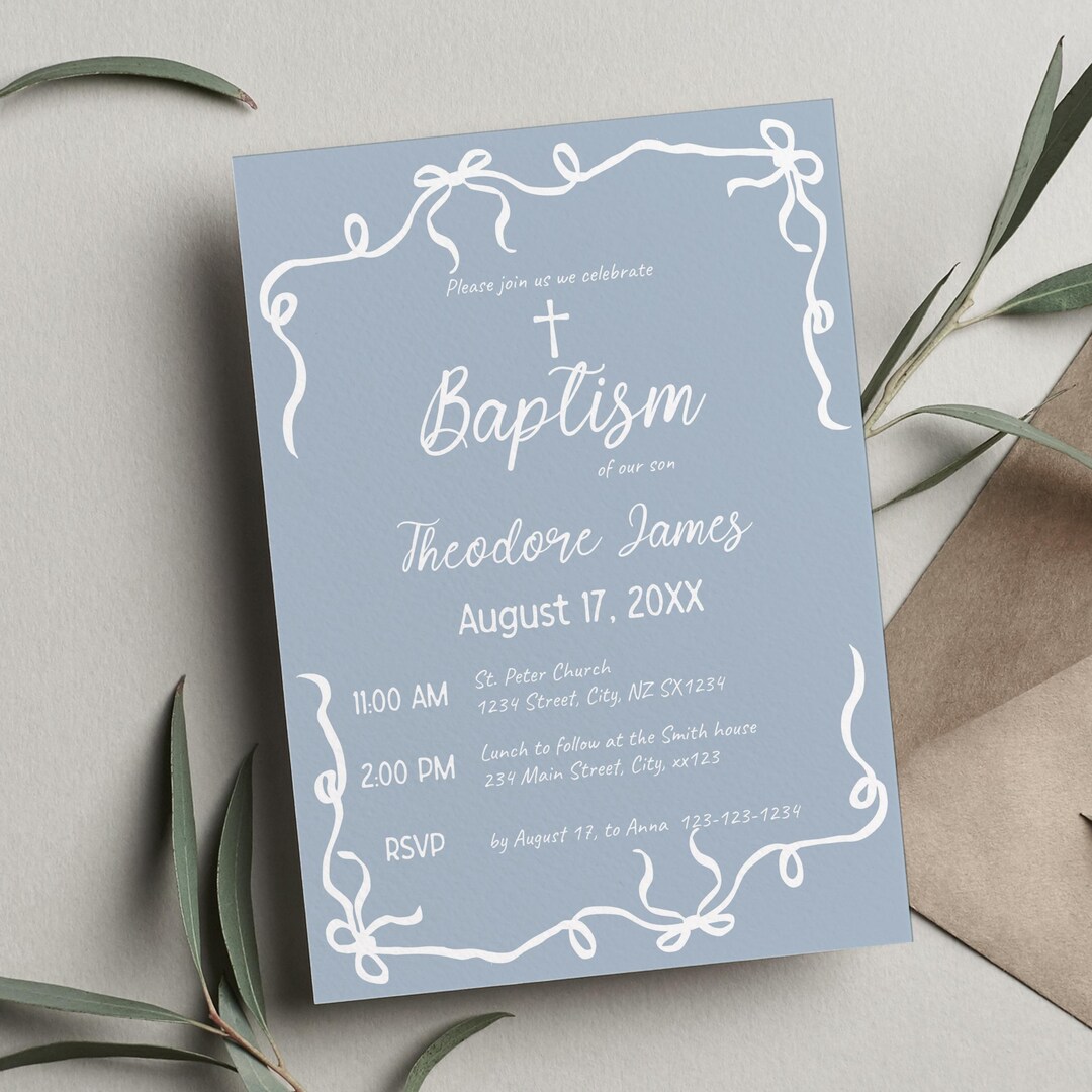 Wavy Border Baptism Invitation Template, Editable Bow Boy Christening ...