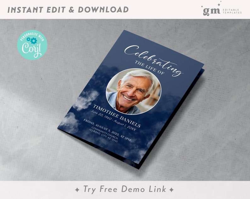 Blue Clouds 4 Page Funeral Program, Editable Navy Sky Obituary TEMPLATE ...