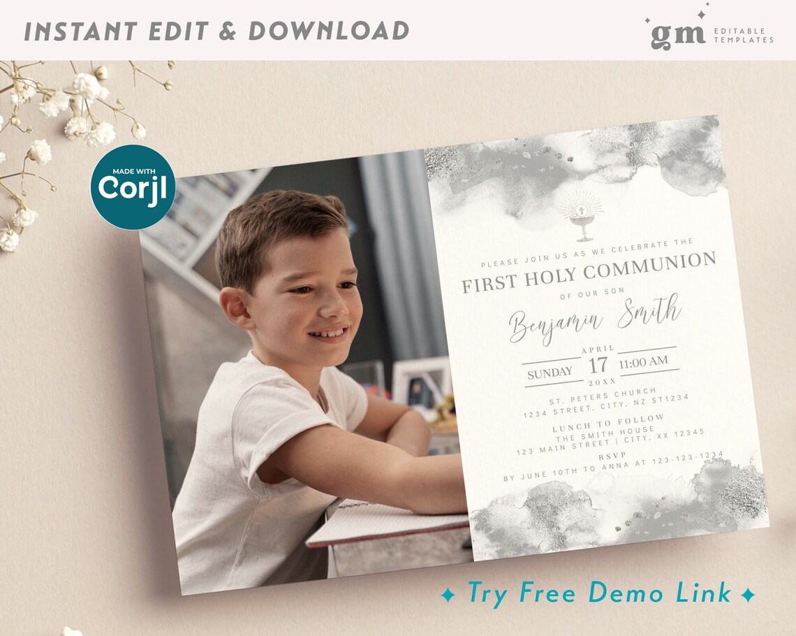 Grey Communion Photo Invitation, Editable Printable First Holy ...