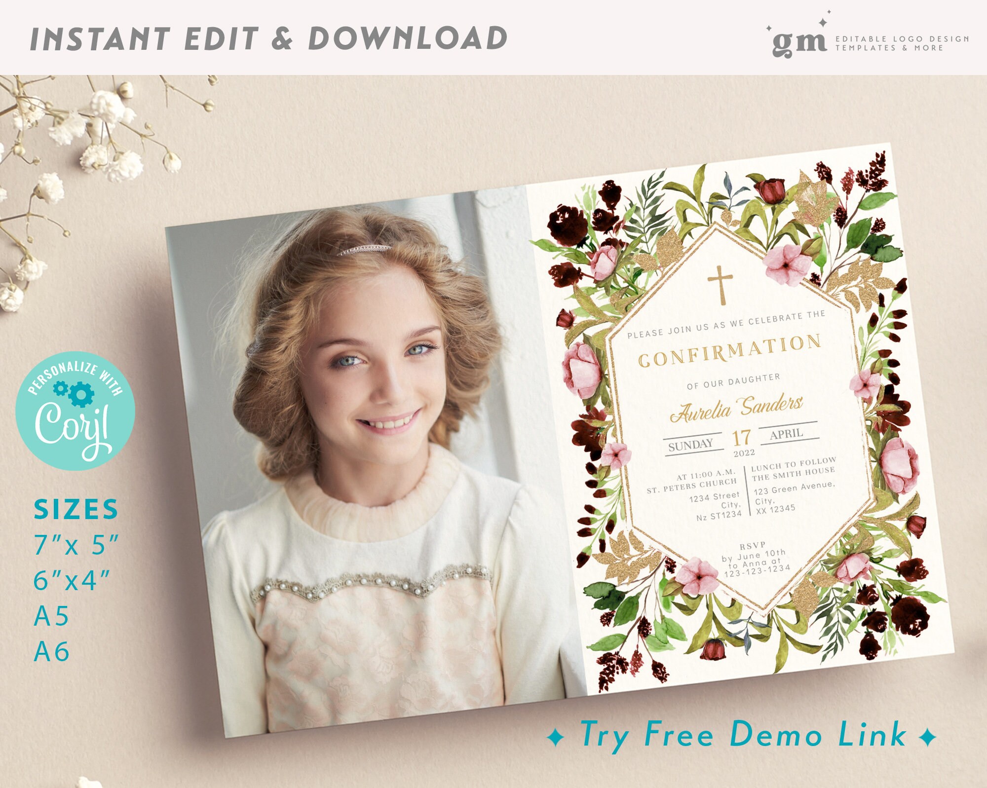 Greenery Girl Confirmation Photo Invitation, EDITABLE Spring Floral ...