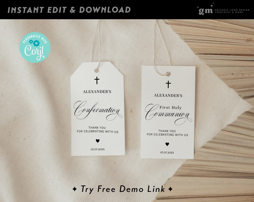 Fancy Calligraphy Confirmation Favor Tag, EDITABLE Baptism Thank You ...