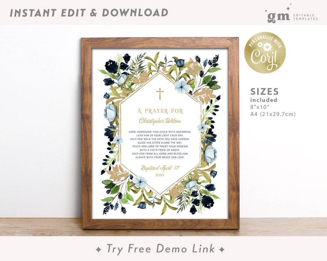 Floral Baptism Prayer Sign, EDITABLE Boy Christening Sign Template ...