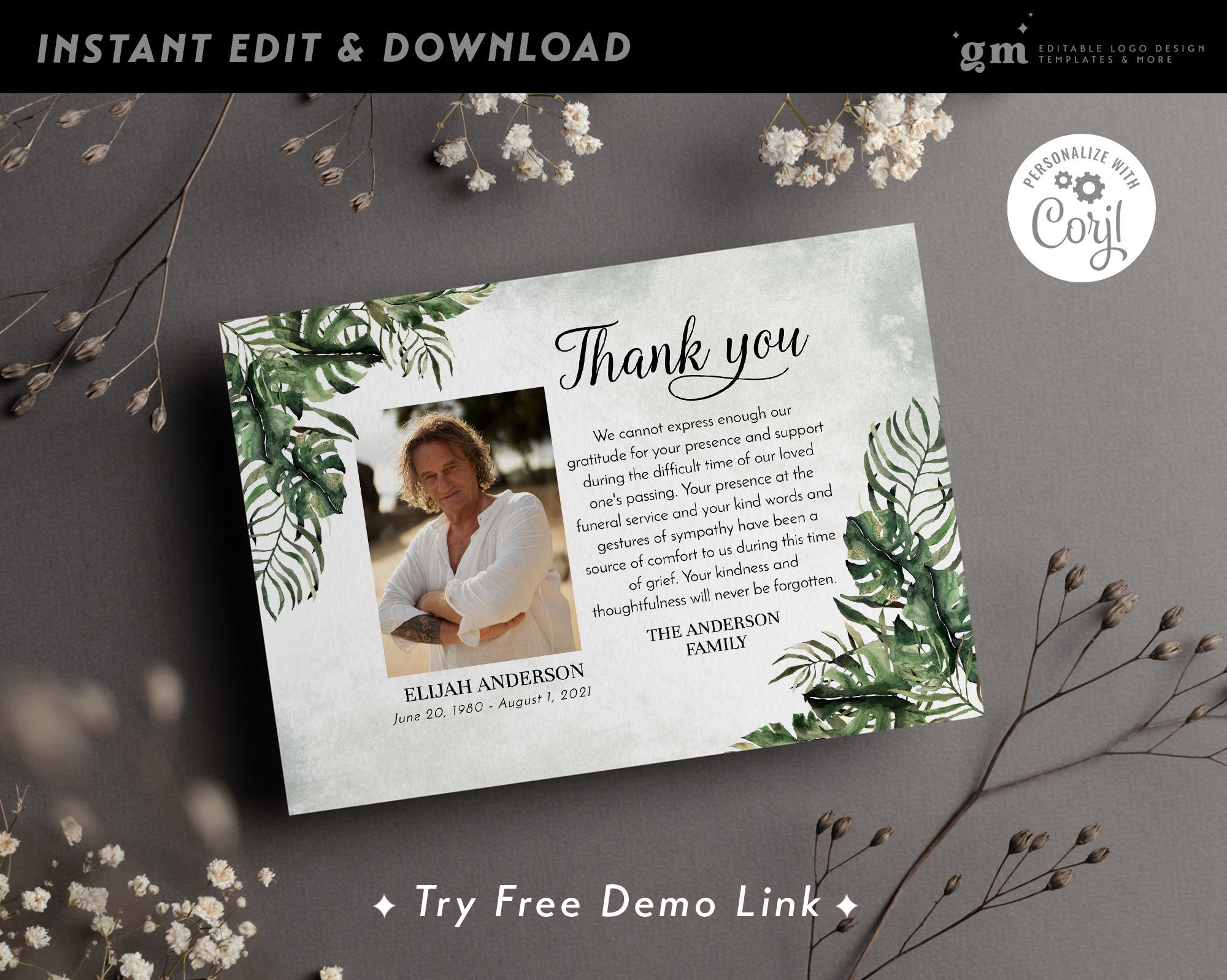 Tropical Leaves Memorial Thank You Photo Card, Greenery, Editable Funeral Acknowledgement Card ...