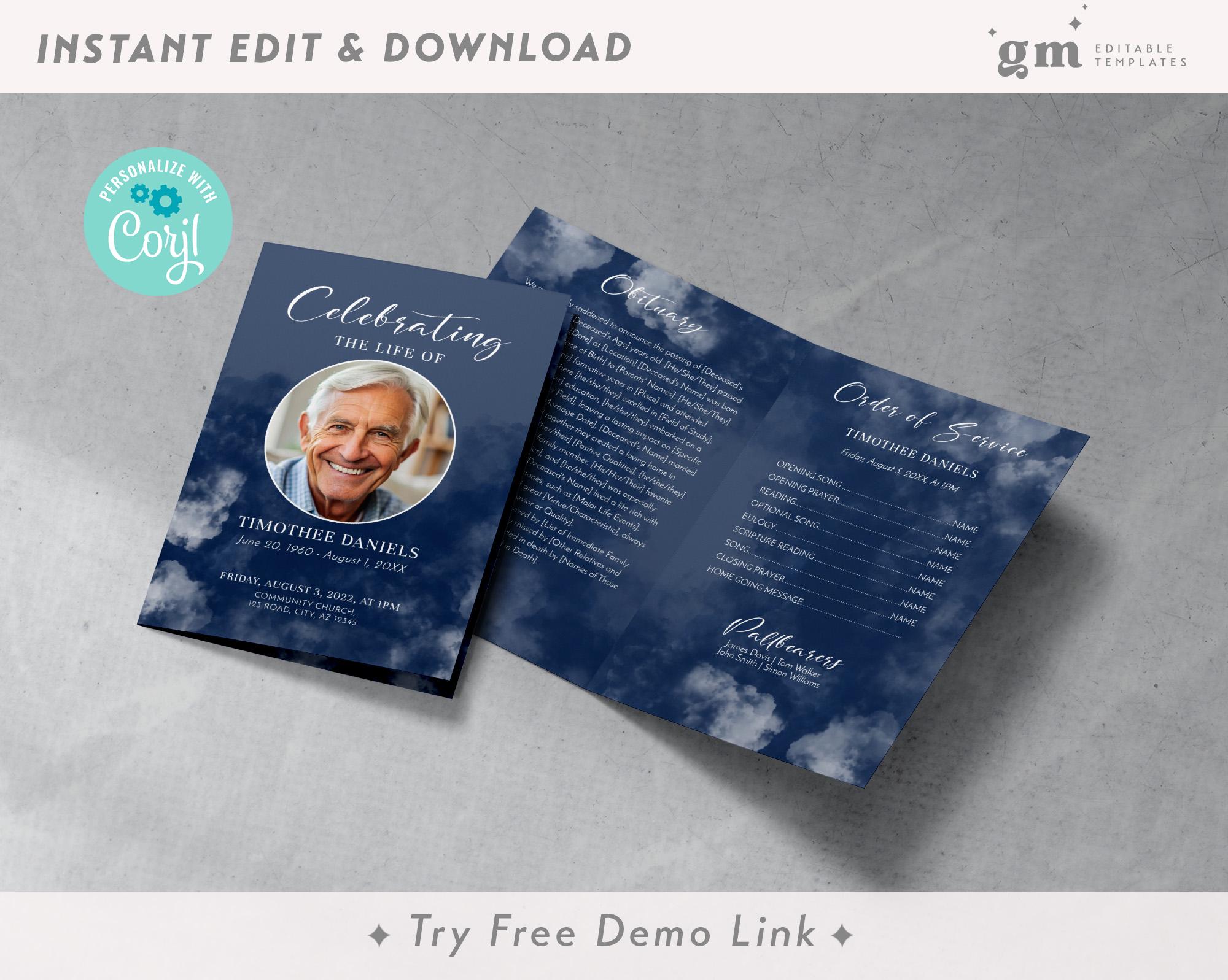 Blue Clouds 4 Page Funeral Program, Editable Navy Sky Obituary TEMPLATE ...