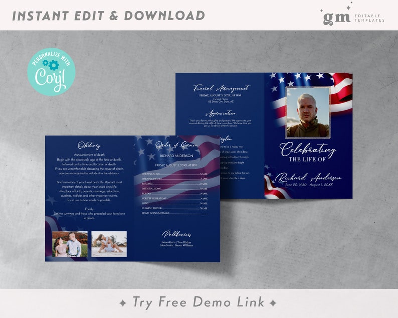 Veteran 4 Page Funeral Program, Editable Military Obituary TEMPLATE ...