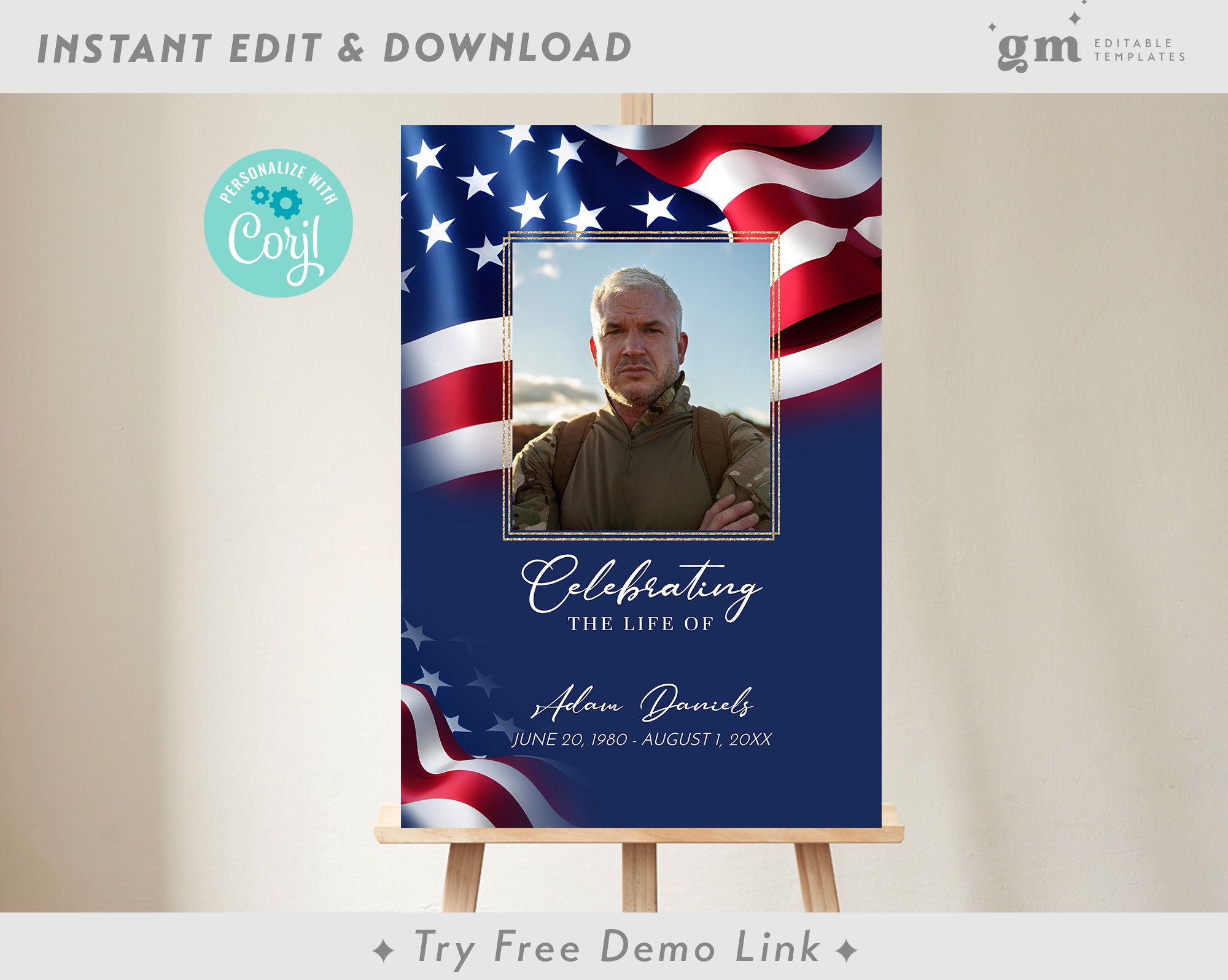 Veteran Memorial Poster With Photo, Editable Military Funeral Welcome ...