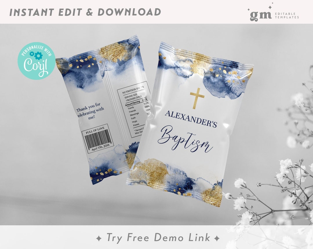 EDITABLE Chips Bag Wrapper TEMPLATE, Snack Wrapper for Boy Baptism ...