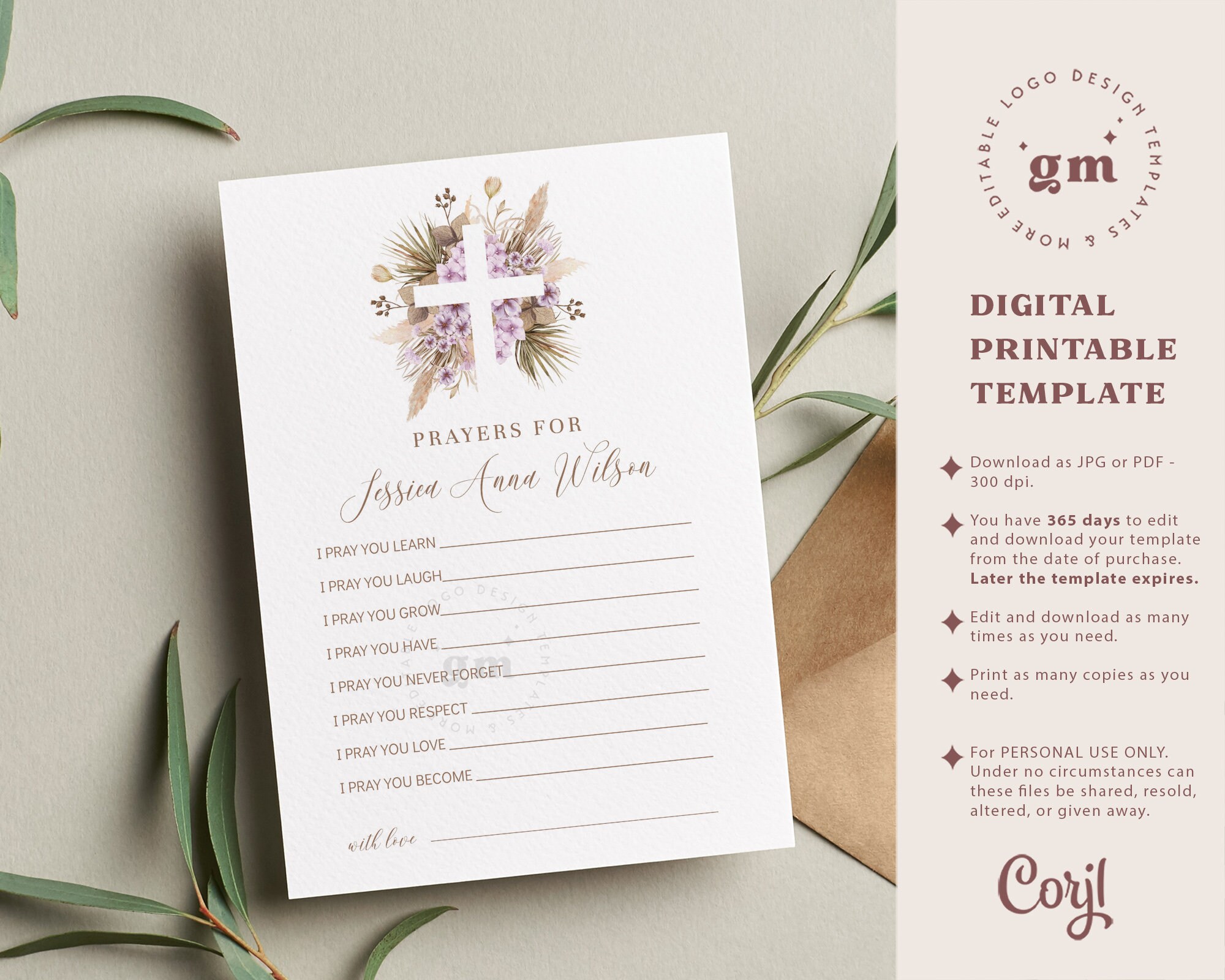 Boho Prayers for Baby, Editable Baptism Prayer Card Template, Pampas ...