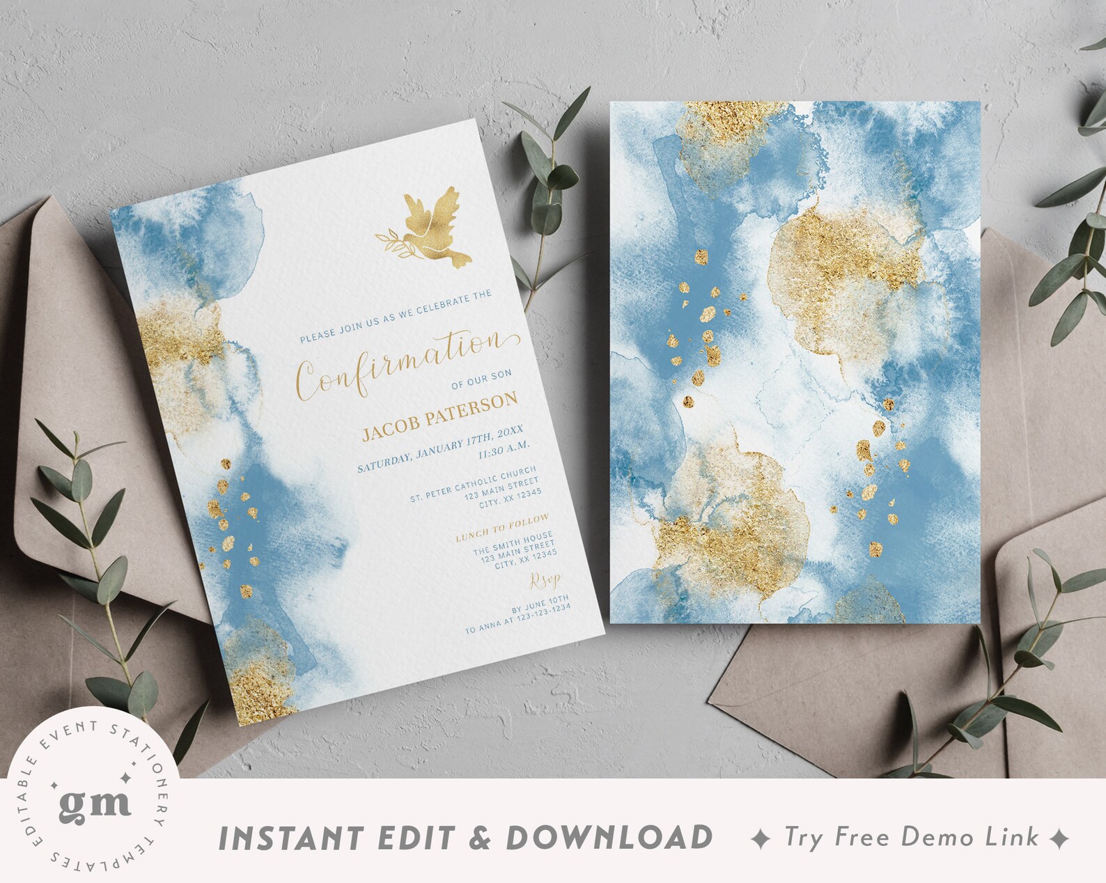 Watercolor Boy Confirmation Invite, Dove Invite Template, EDITABLE Male ...